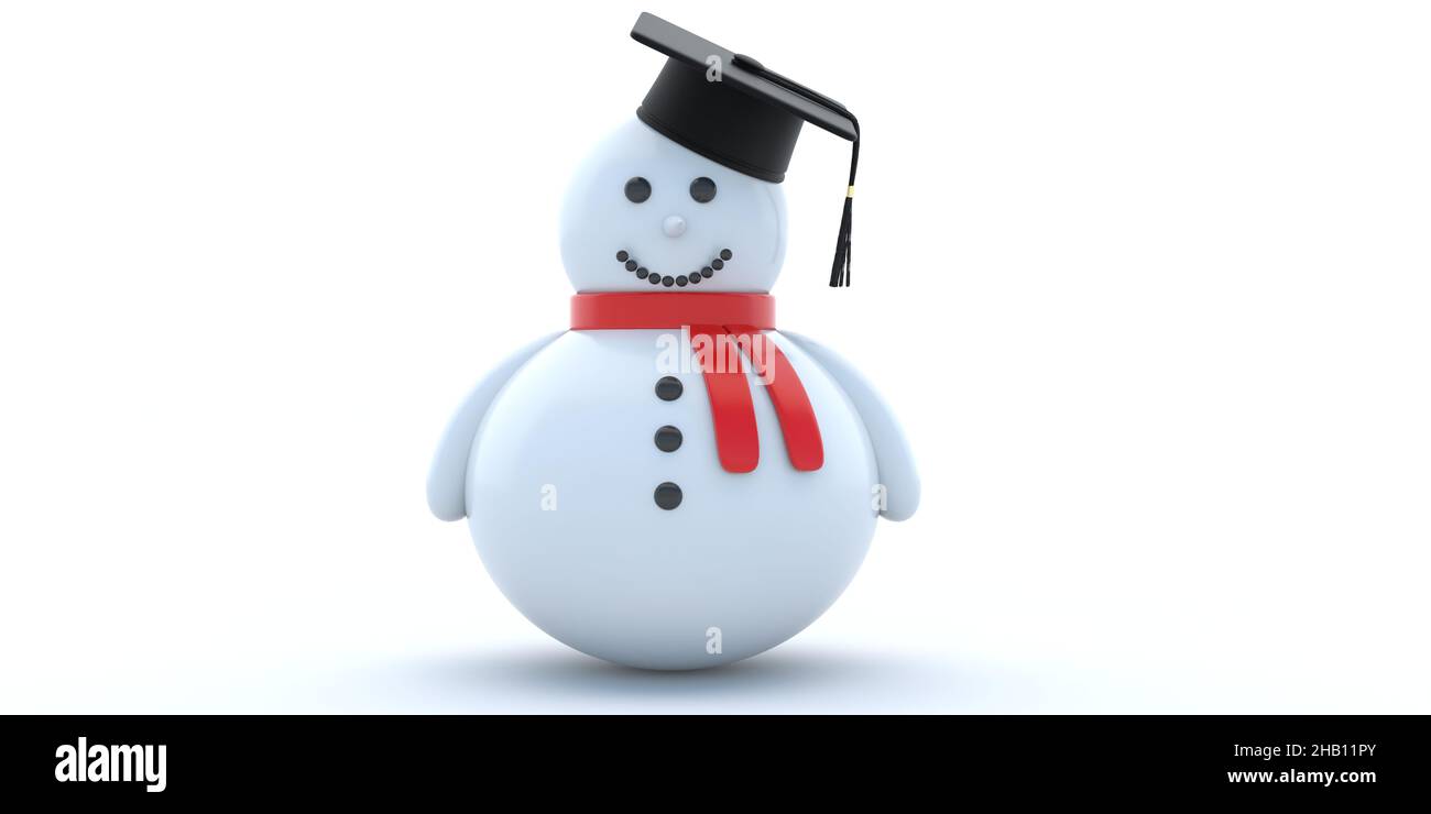 Graduate cap on a snowman isolated on white background. Winter holidays ...