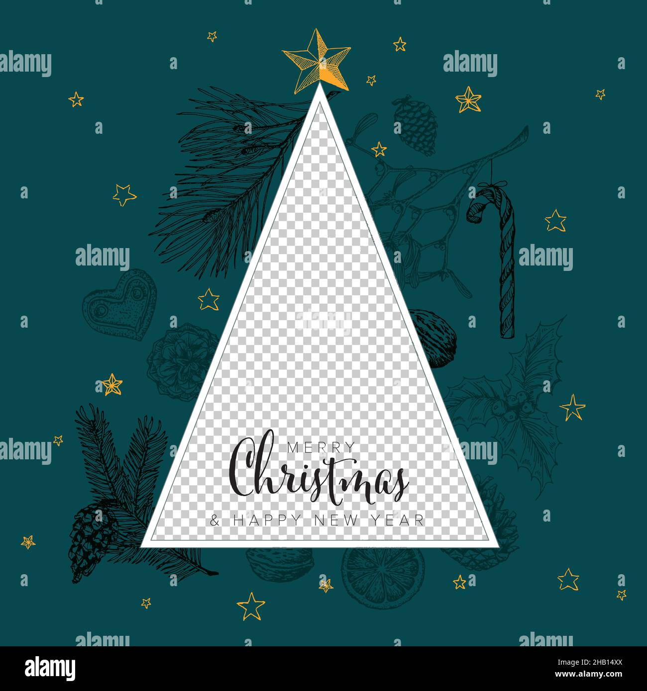 Vintage vector hand drawn Christmas card with family photo placeholder ...