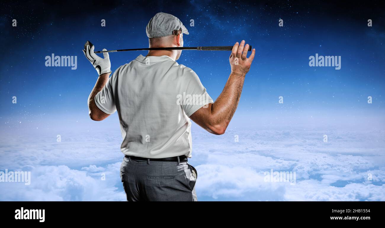 Composite image of rear view of a man holding a golf stick behind his ...