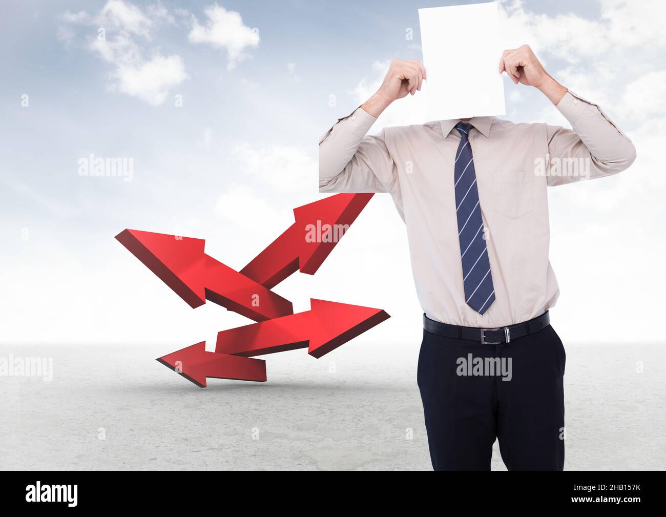 Businessman holding a blank paper against his face and red arrows icon ...