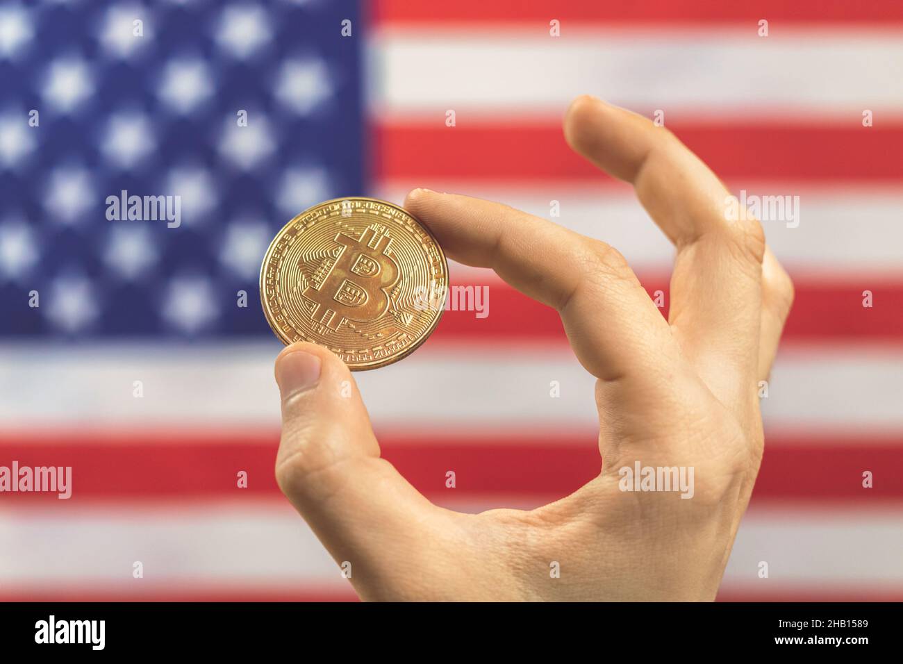 Bitcoin and American flag background. Cryptocurrency and United States ...