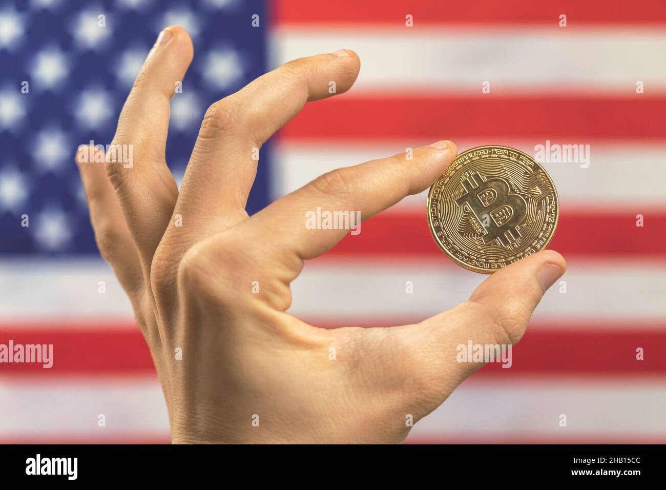 Bitcoin and American flag background. Cryptocurrency and United States ...