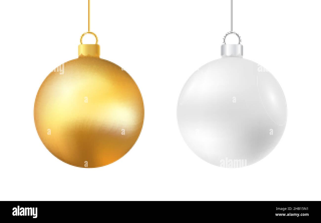 Christmas balls. Realistic Xmas decoration on white background. Gold ...