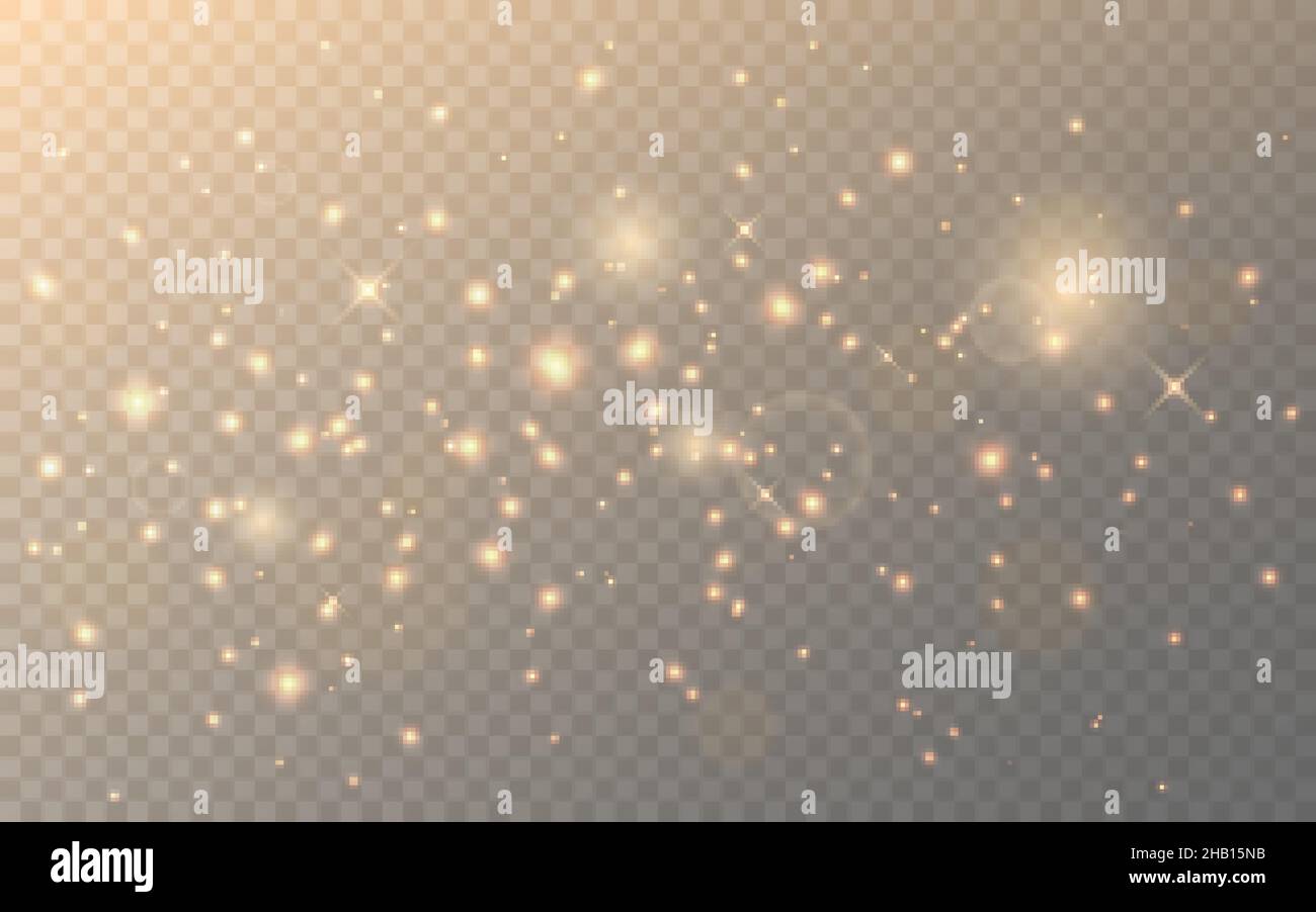Glowing sparks effect. Gold glittering elements. Magic particles and stars. Golden bokeh and ...