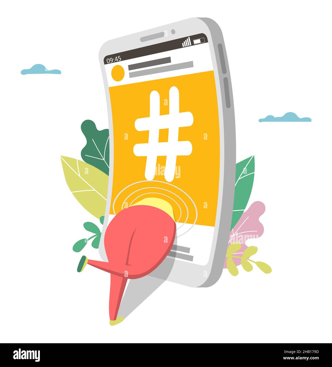 Hashtag symbol and addicted to social networks woman in smartphone ...