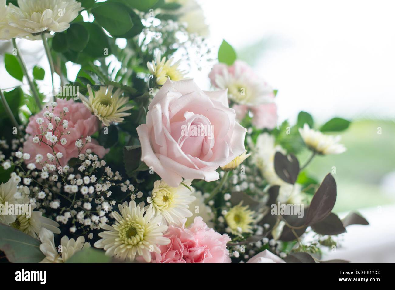 Beautiful pink roses and white hydrangea bridal bouquet up close Stock ...