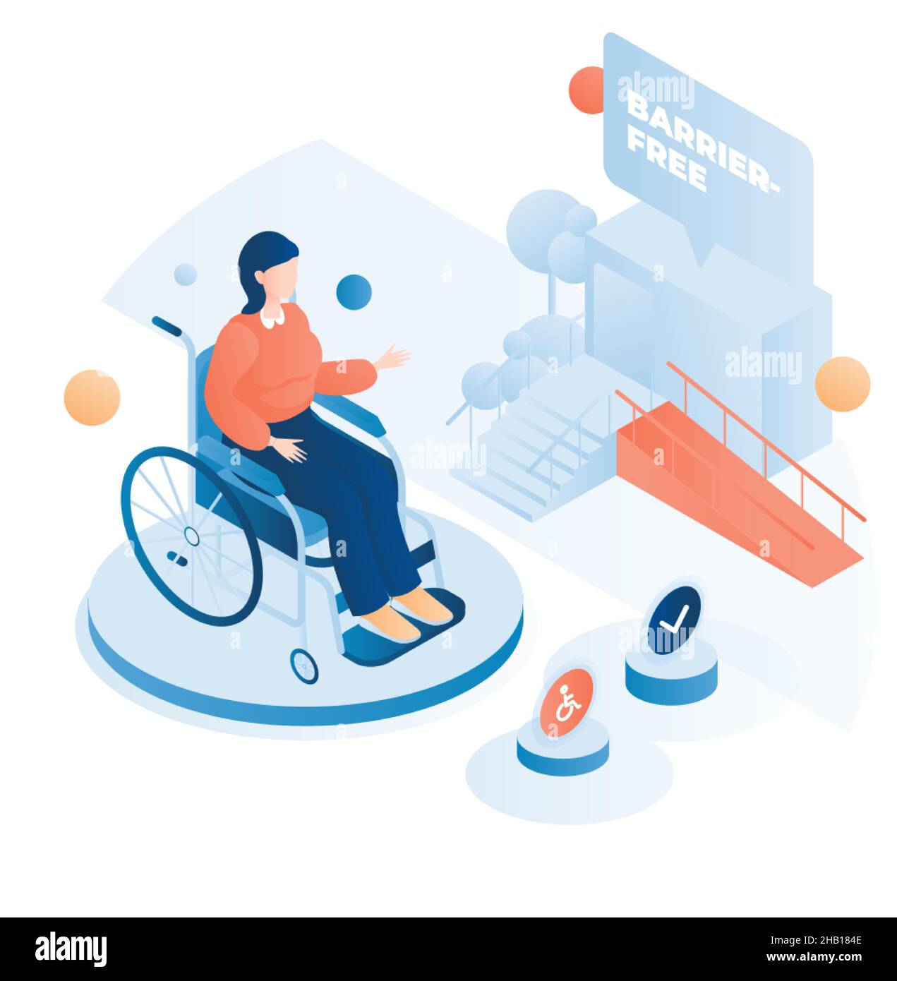 Isometric woman in wheelchair in front of multistorey house building ...