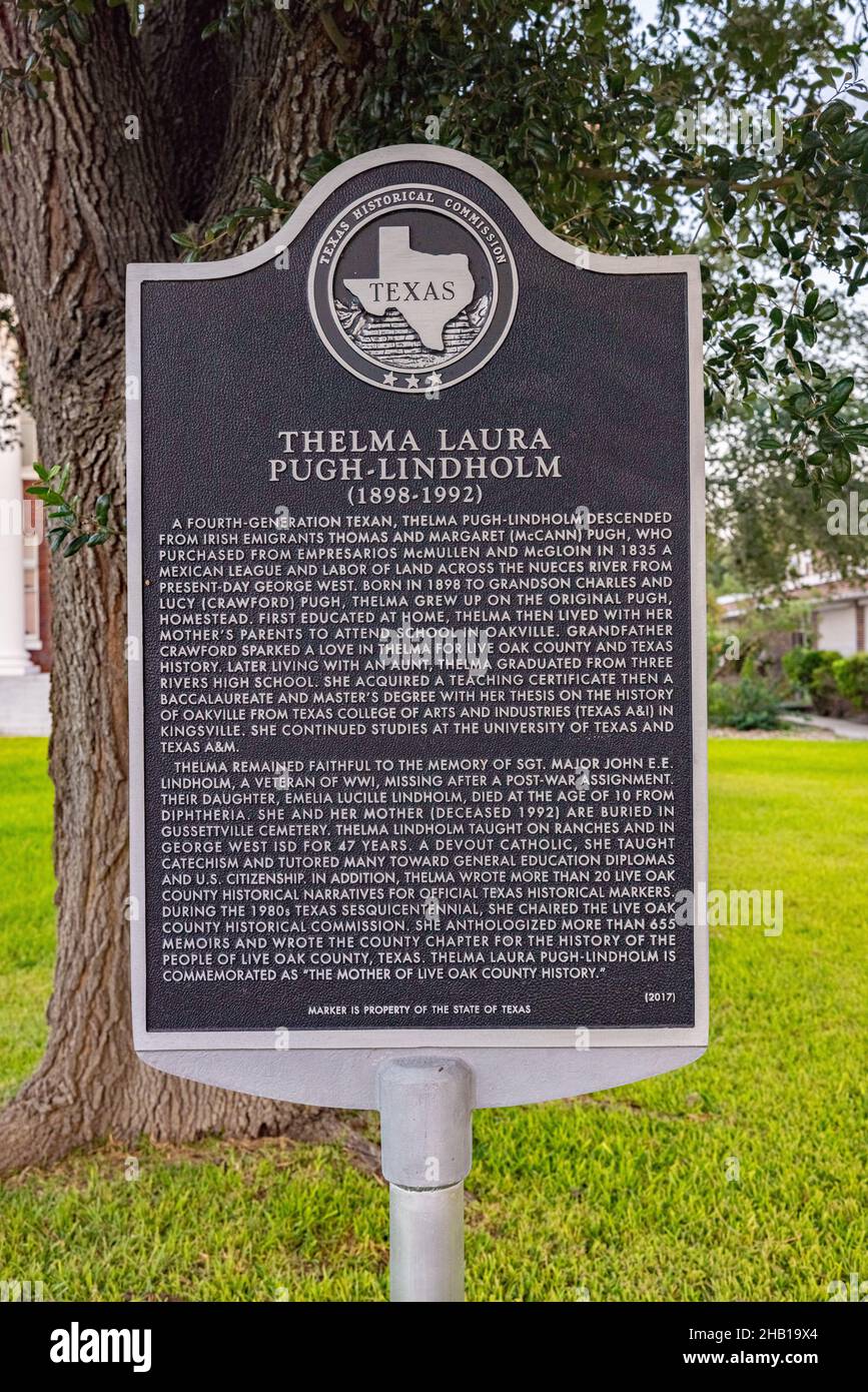 George West, Texas, USA - September 11, 2021: Plaque telling the ...