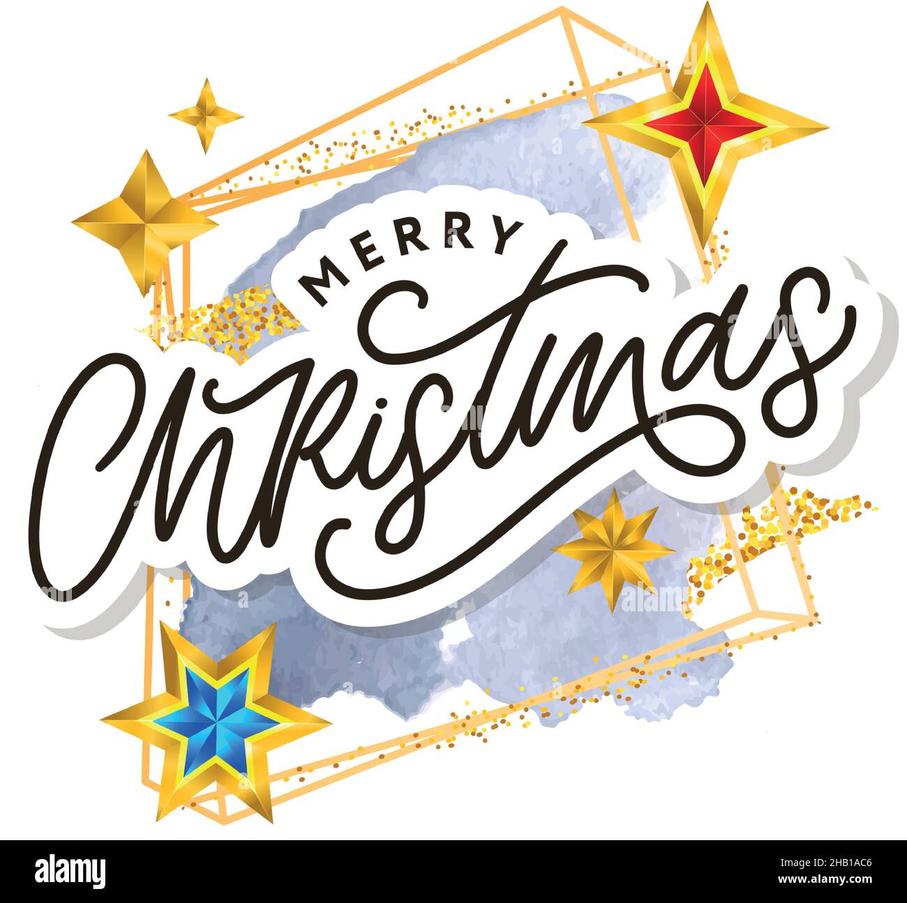 Merry Christmas text decorated with hand drawn branches with gold stars ...