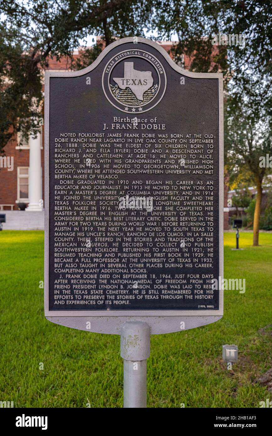 George West, Texas, USA - September 11, 2021: Plaque telling the ...