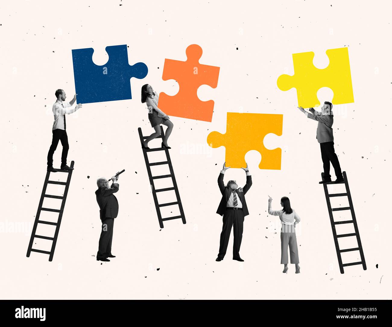 Contemporary art collage. Group of people making puzzles symbolizing ...