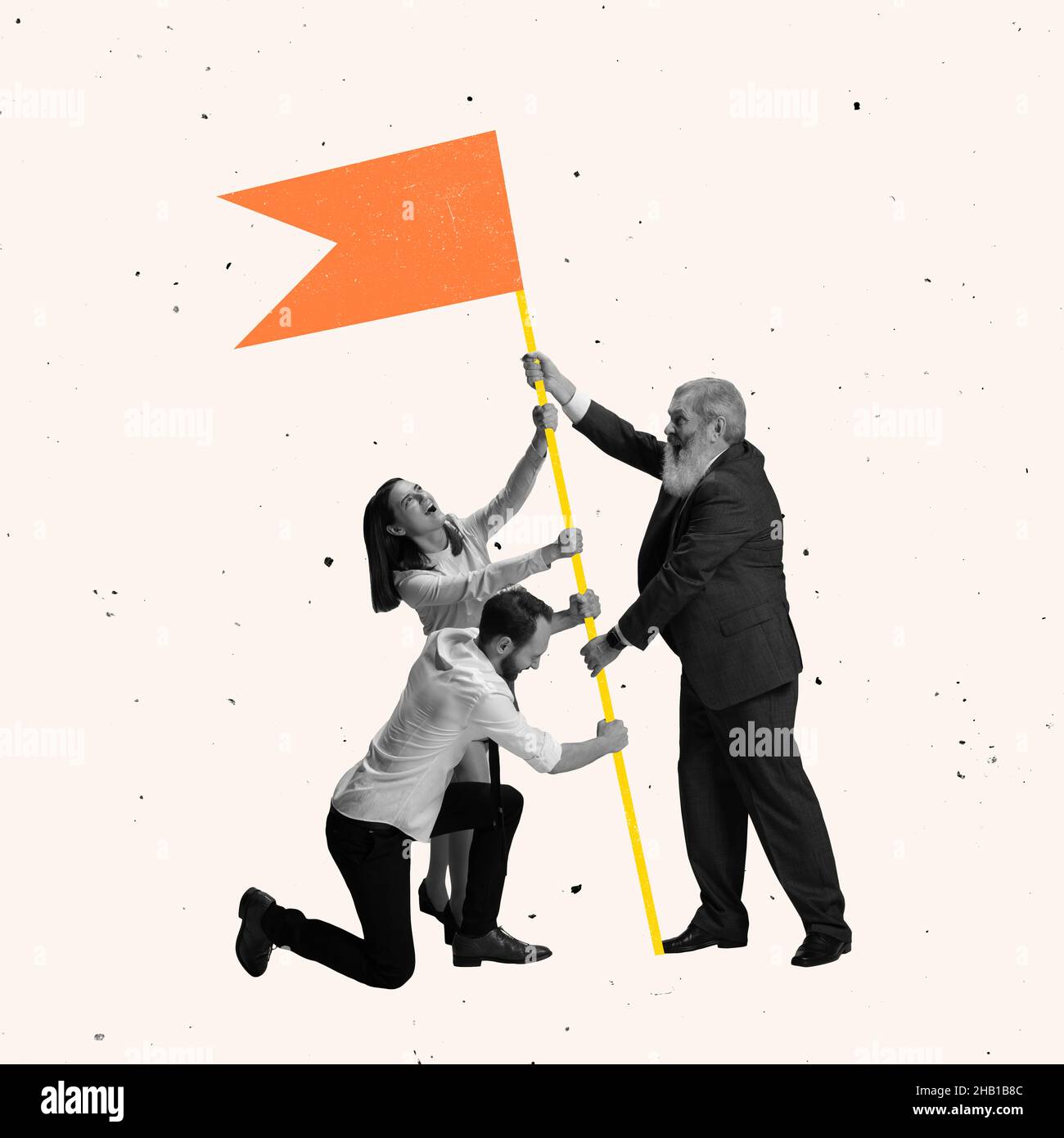 Creative contemporary art collage of people holding winning flag ...