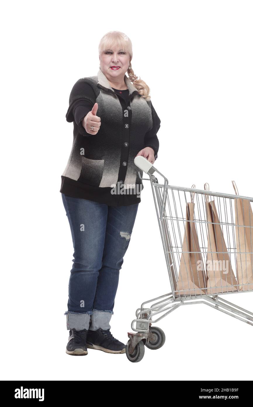 full-length. casual woman in jeans with shopping cart Stock Photo - Alamy