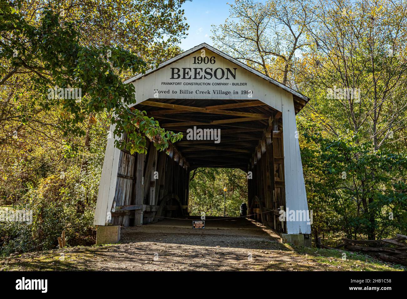 The Beeson Covered Bridge crosses Williams Creek during Autumn leaf ...