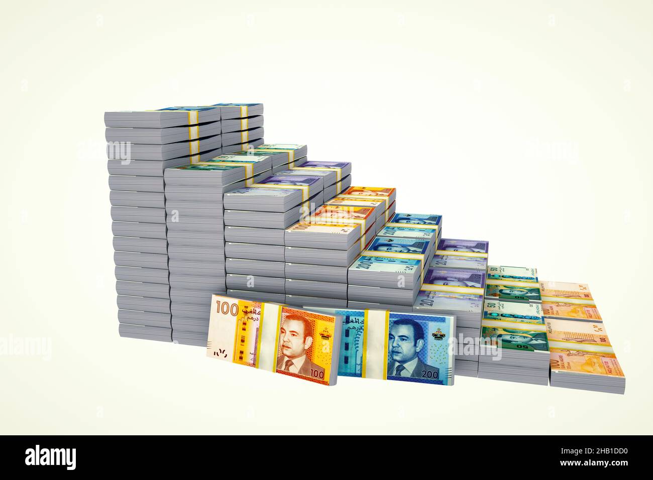 Money stacks graph. 200 Moroccan dirhams. 3D illustration Stock Photo ...