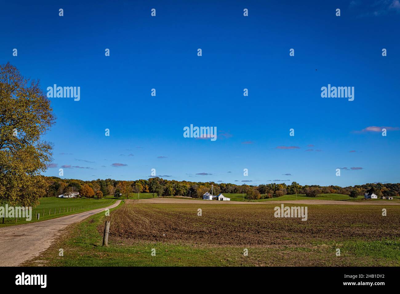 Agricultural fields along a rural road in Parke County, Indiana during ...