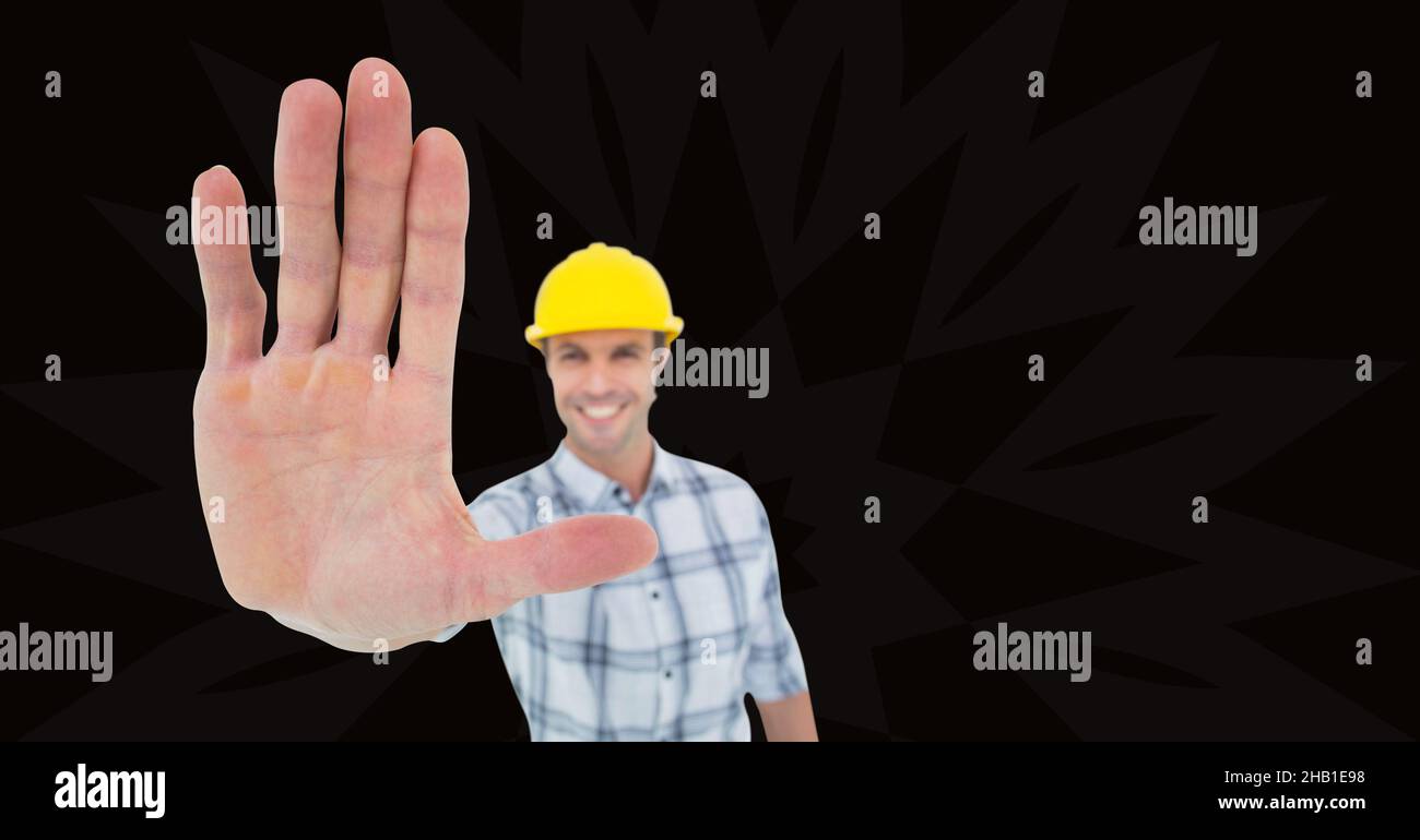 Portrait of caucasian male architect gesturing stop sign with his hand ...