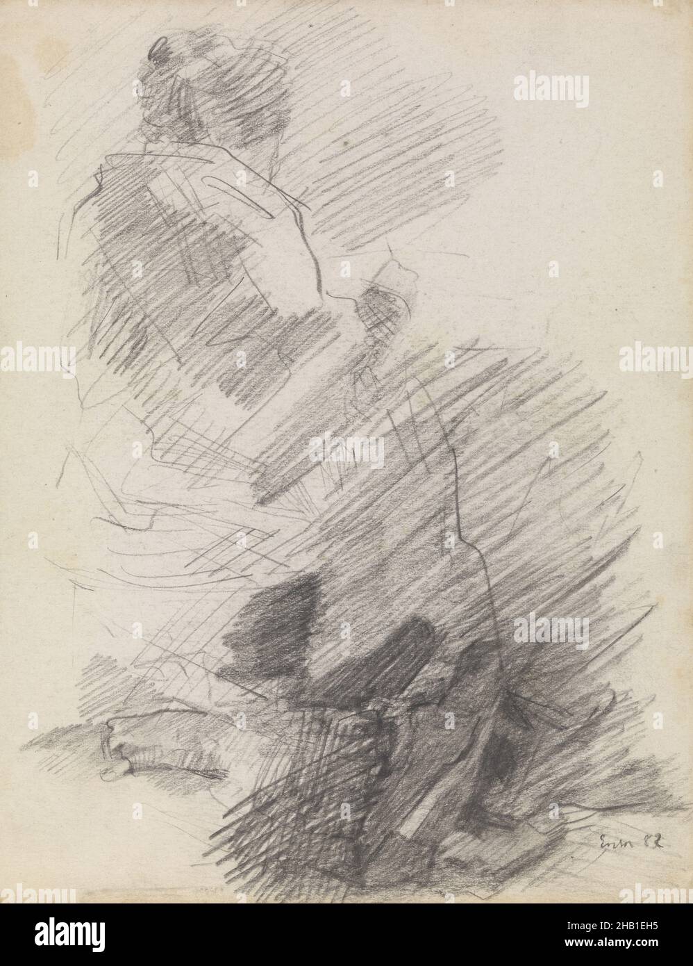 Writing woman seen from behind, James Ensor, 1882, drawing, 1882 ...