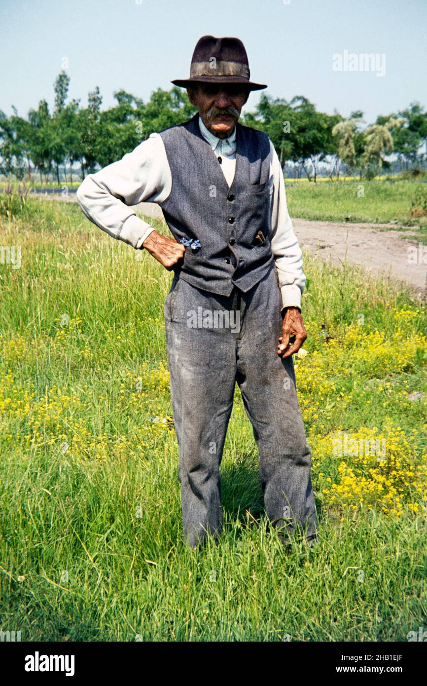 Full length portrait of elderly man standing in rural countryside area ...