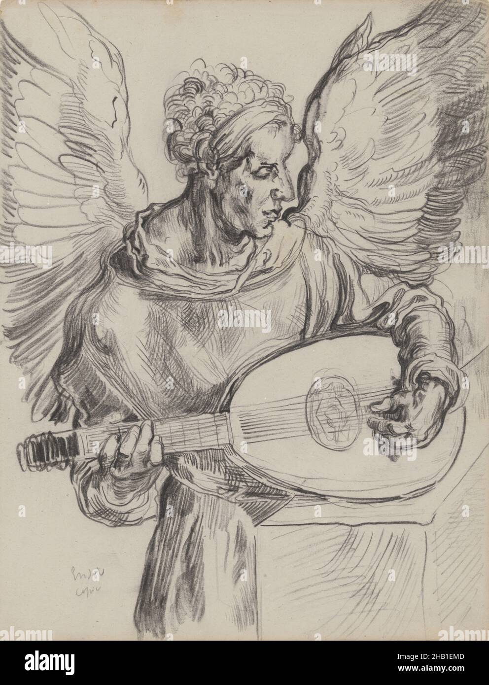 Seraphim with lute, James Ensor, circa 1880-1890, drawing, Belgian Art ...