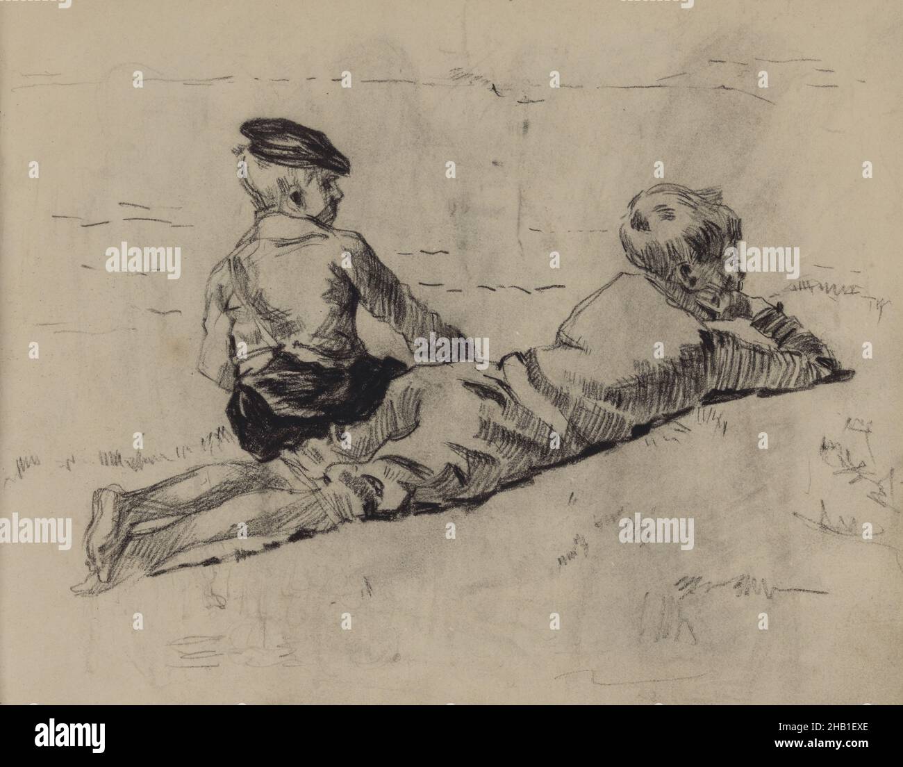 Two boys in the grass, James Ensor, drawing, between circa 1880 and ...