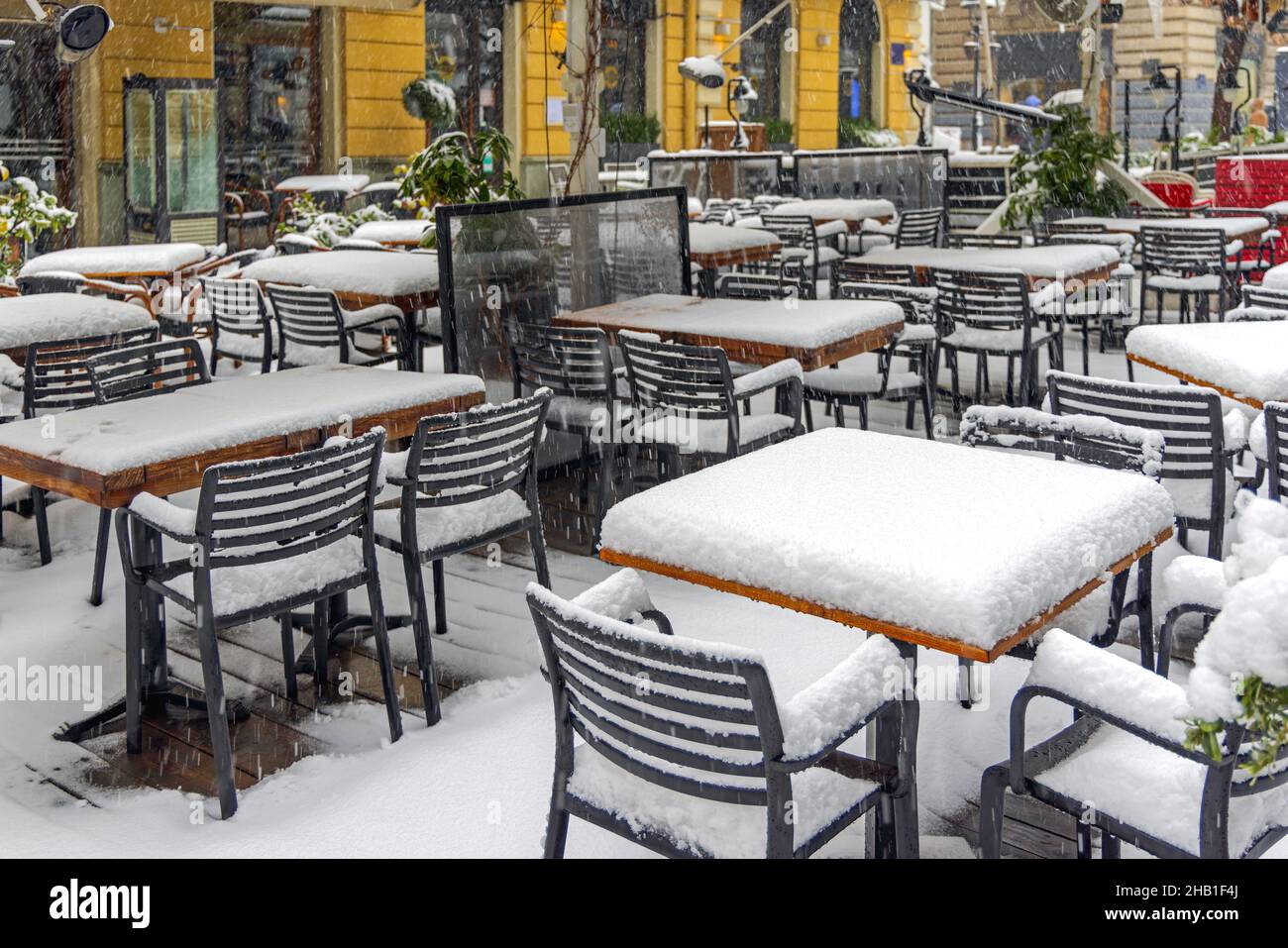 Outdoor Restaurant Terrace Covered With Wet Snow Winter Weather Stock ...