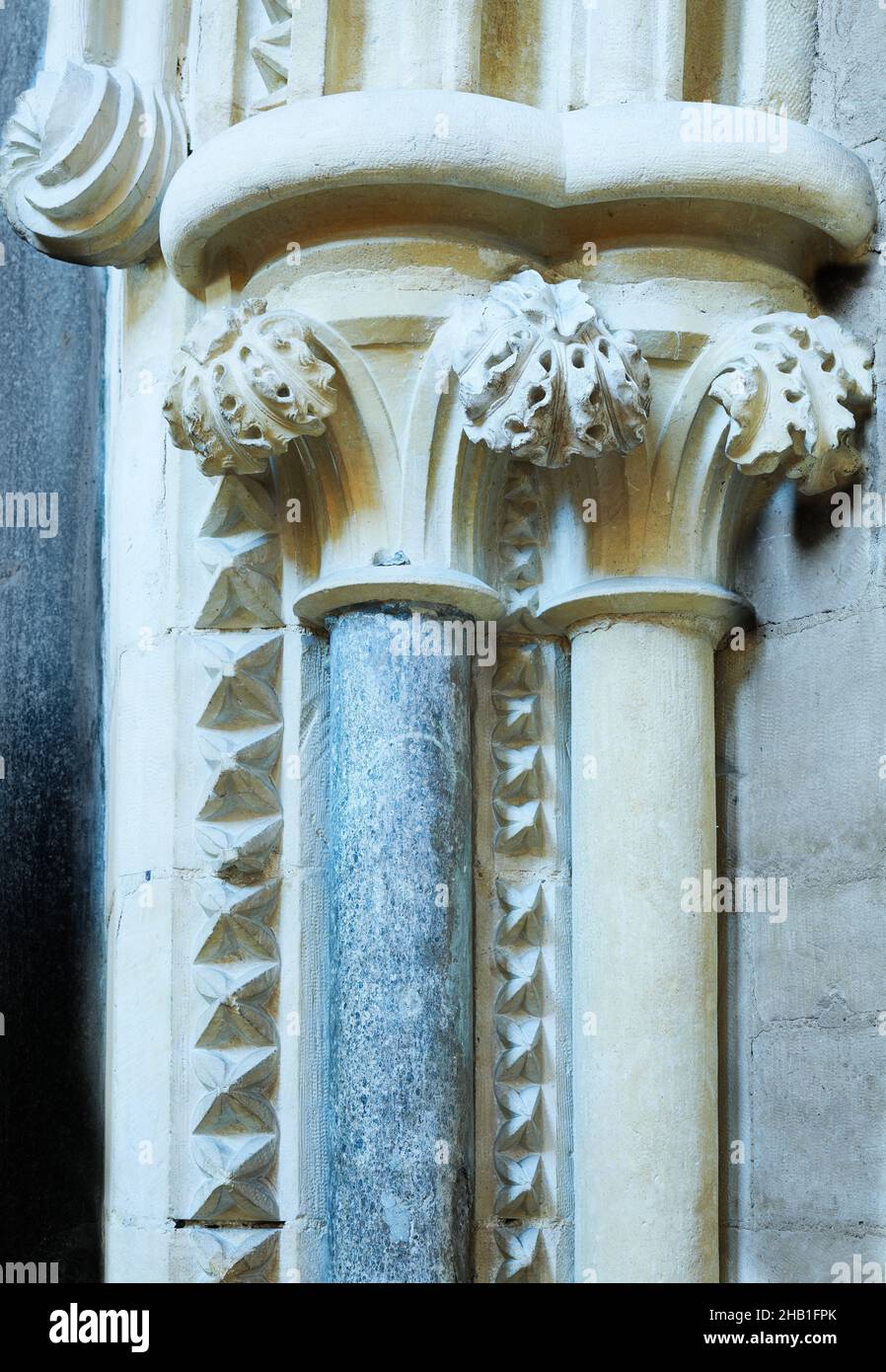 Decorative stonework on a column in the cathedral at Lincoln, England ...