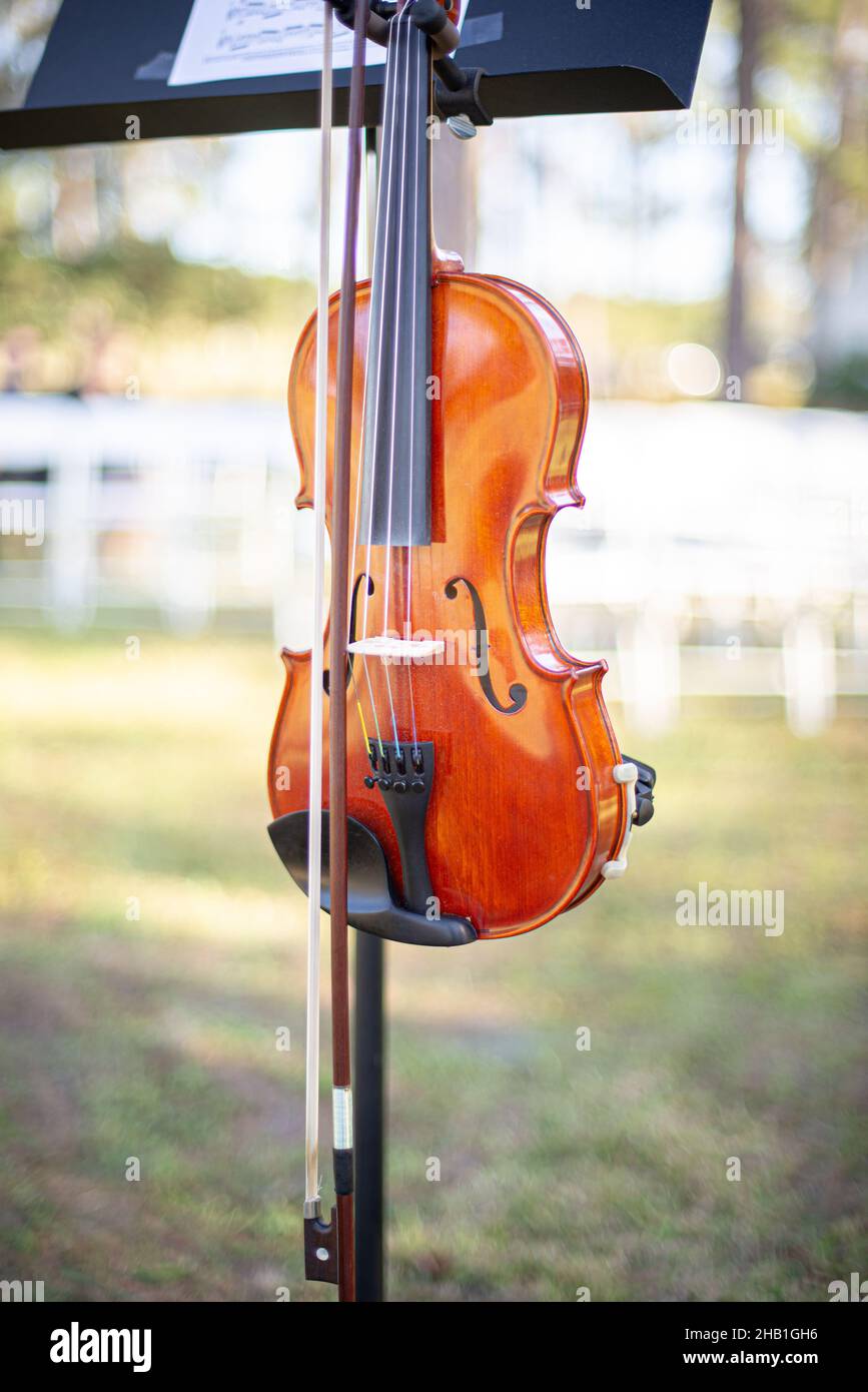 Wood oak violin on stand at outdoor wedding Stock Photo - Alamy