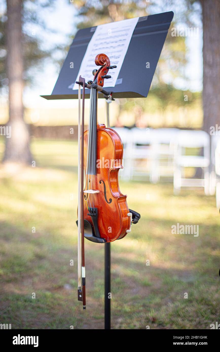 Wood oak violin on stand at outdoor wedding Stock Photo - Alamy