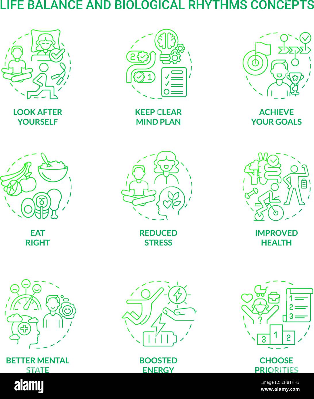 Life balance and biological rhythms green gradient concept icons set ...