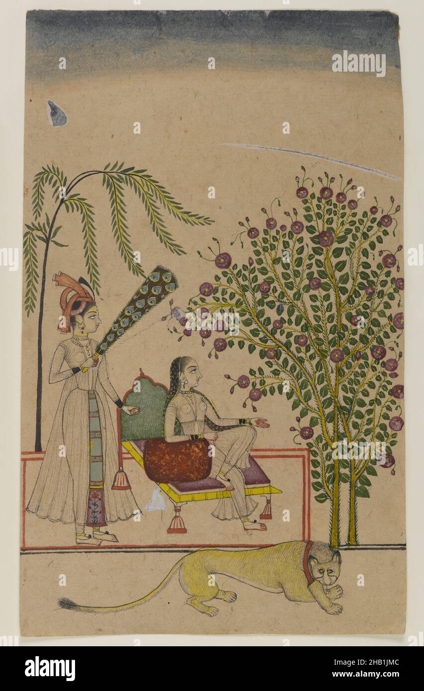 Seated Princess with Attendant and Lion, Indian, Opaque watercolors on ...