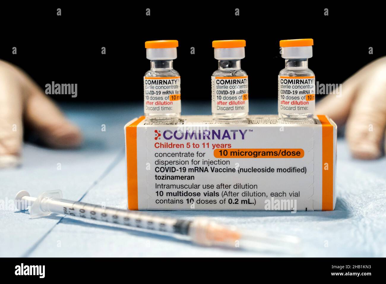 A detail of the bottle containing the pfizer comirnaty vaccine used to ...