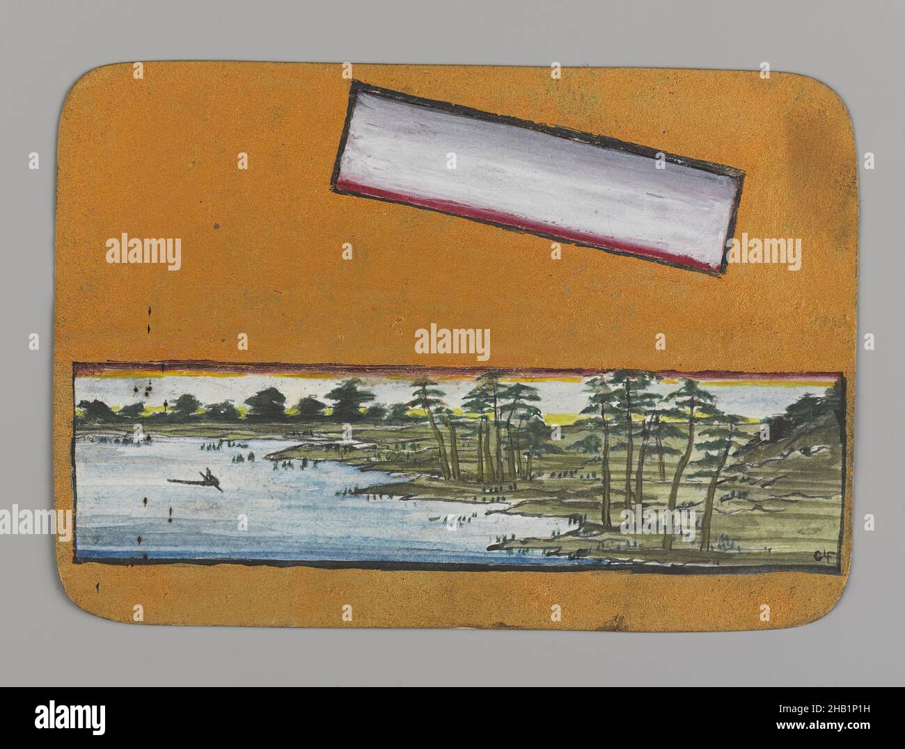 Small Card Decorated with Landscape, recto and Stylized Chrysanthemum ...