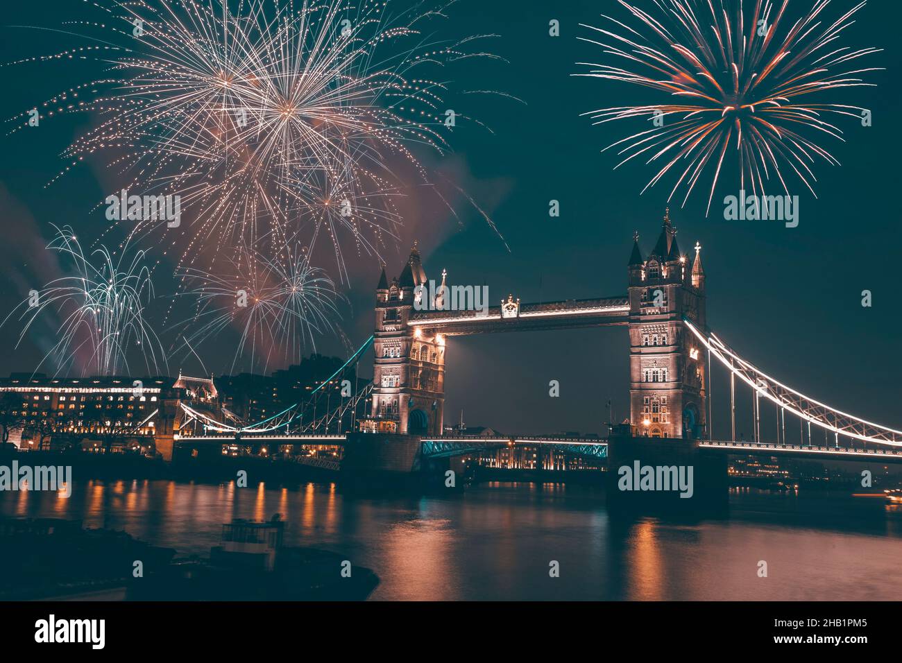 Celebratory fireworks over Tower Bridge - New Year destination. London ...