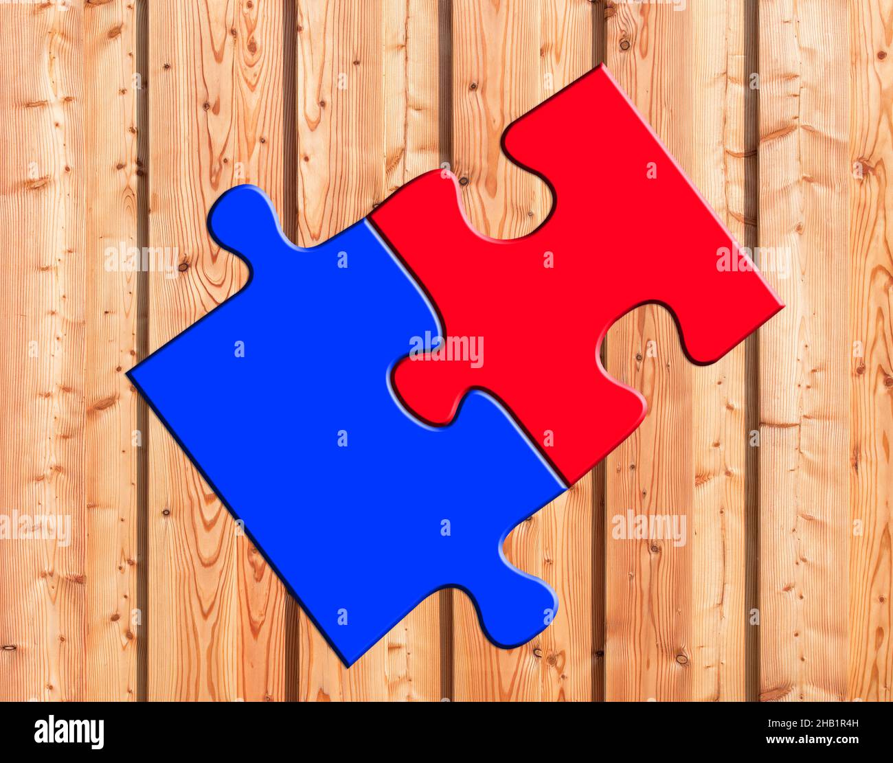 Two interlocking puzzle pieces on a wooden wall. 3d illustration Stock ...