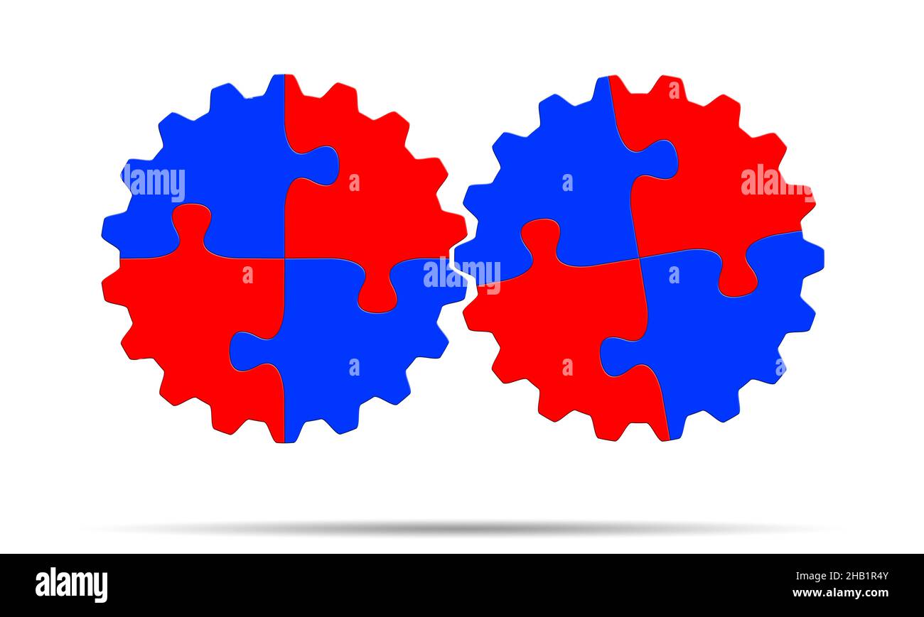 Two gears as a puzzle in a 2D illustration against a white background ...
