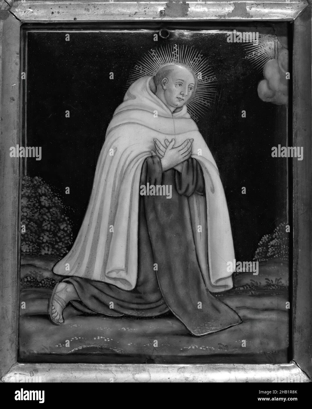 Monk in Prayer with White Robe, Painted enamel on copper plate, 4 3/16 ...