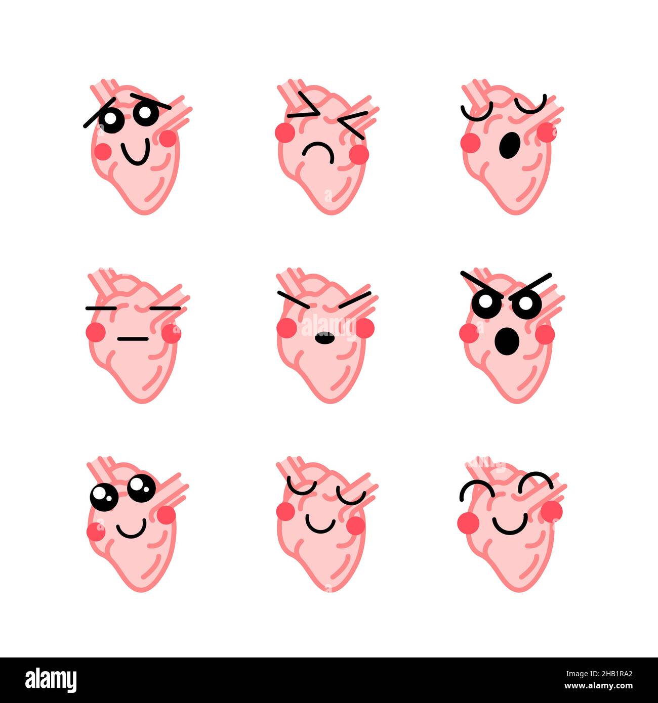 Set of bright human hearts with cute faces, medical icons isolated on ...