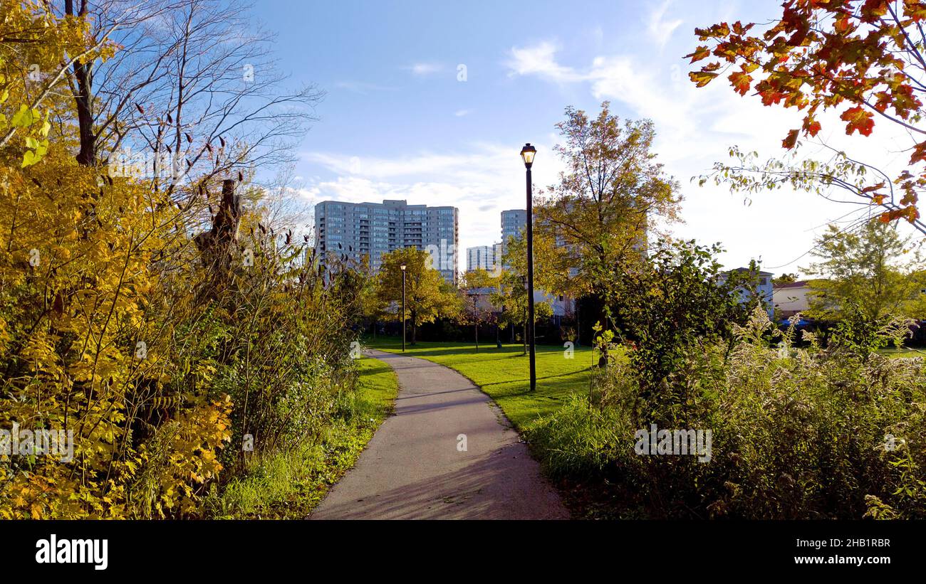 City life - Landscape of the public park in autumn with the apartment ...