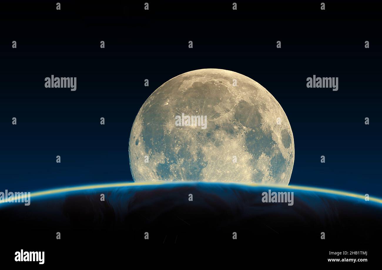 The moon is seen rising over the curvature of the earth in a 3-d ...
