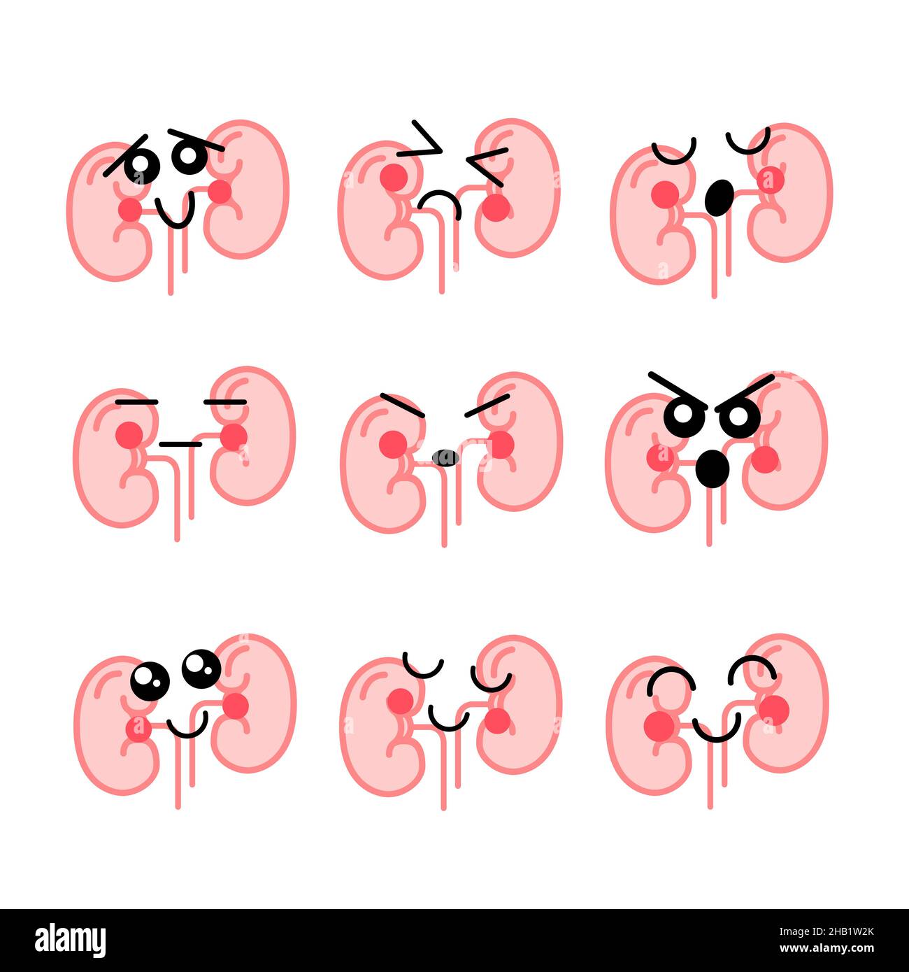 Set of bright human kidneys with cute faces, medical icons isolated on ...