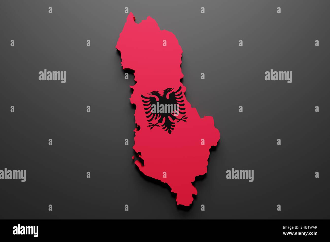 3d rendering of an Albania map shape with flag. Black background Stock ...