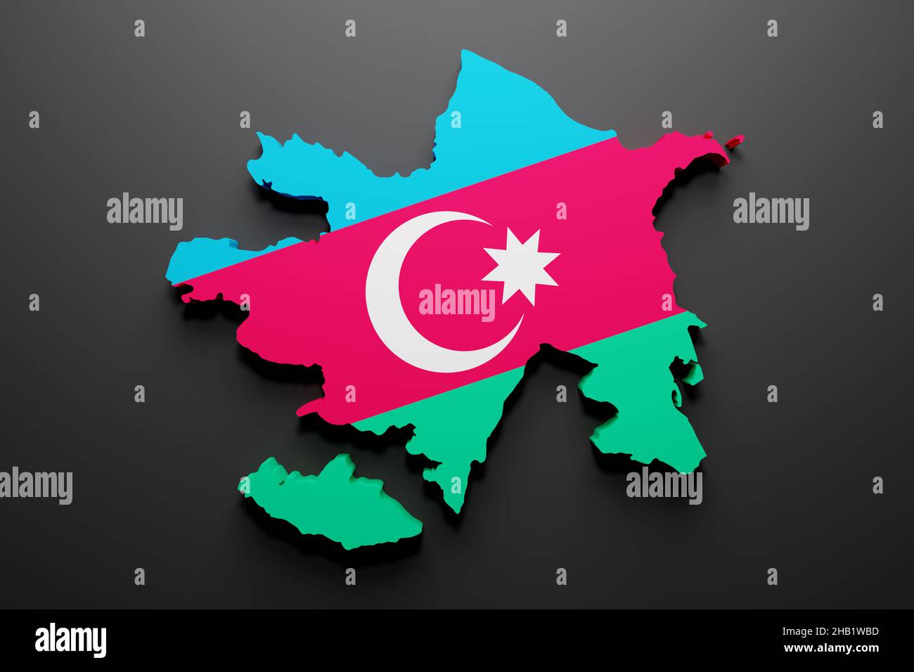 3d rendering of an Azerbaijan map shape with flag. Black background ...