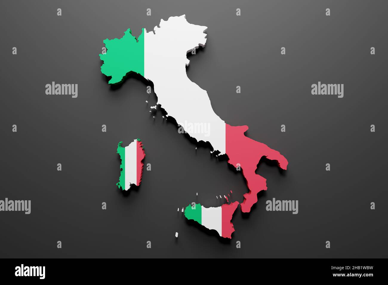 3d rendering of a Italy map shape with flag. Black background Stock ...