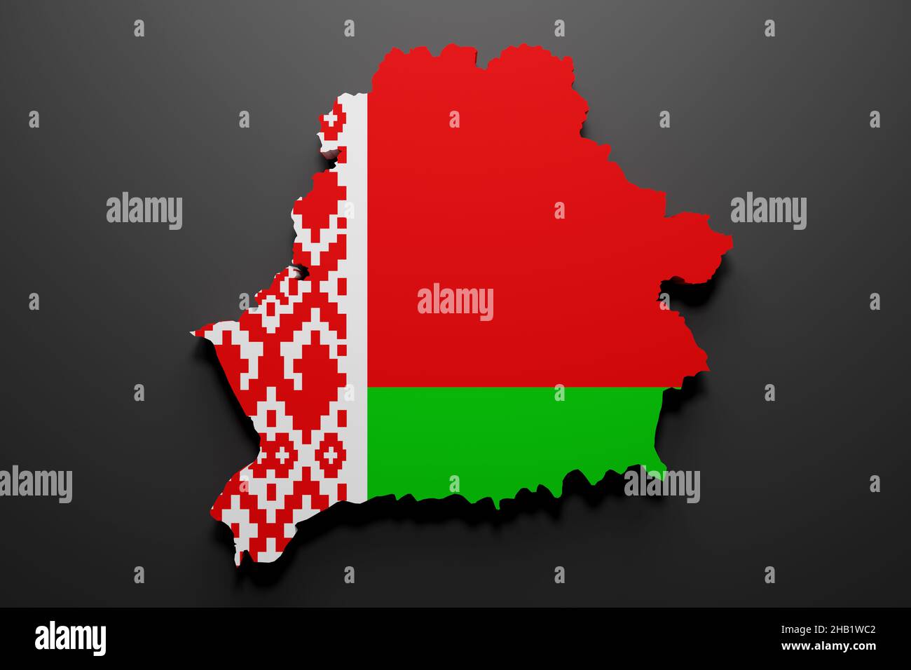 3d rendering of a Belarus map shape with flag. Black background Stock ...