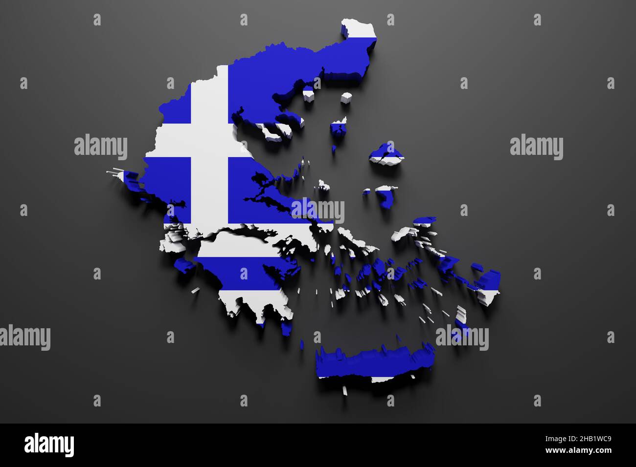 3d rendering of a Greece map shape with flag. Black background Stock ...