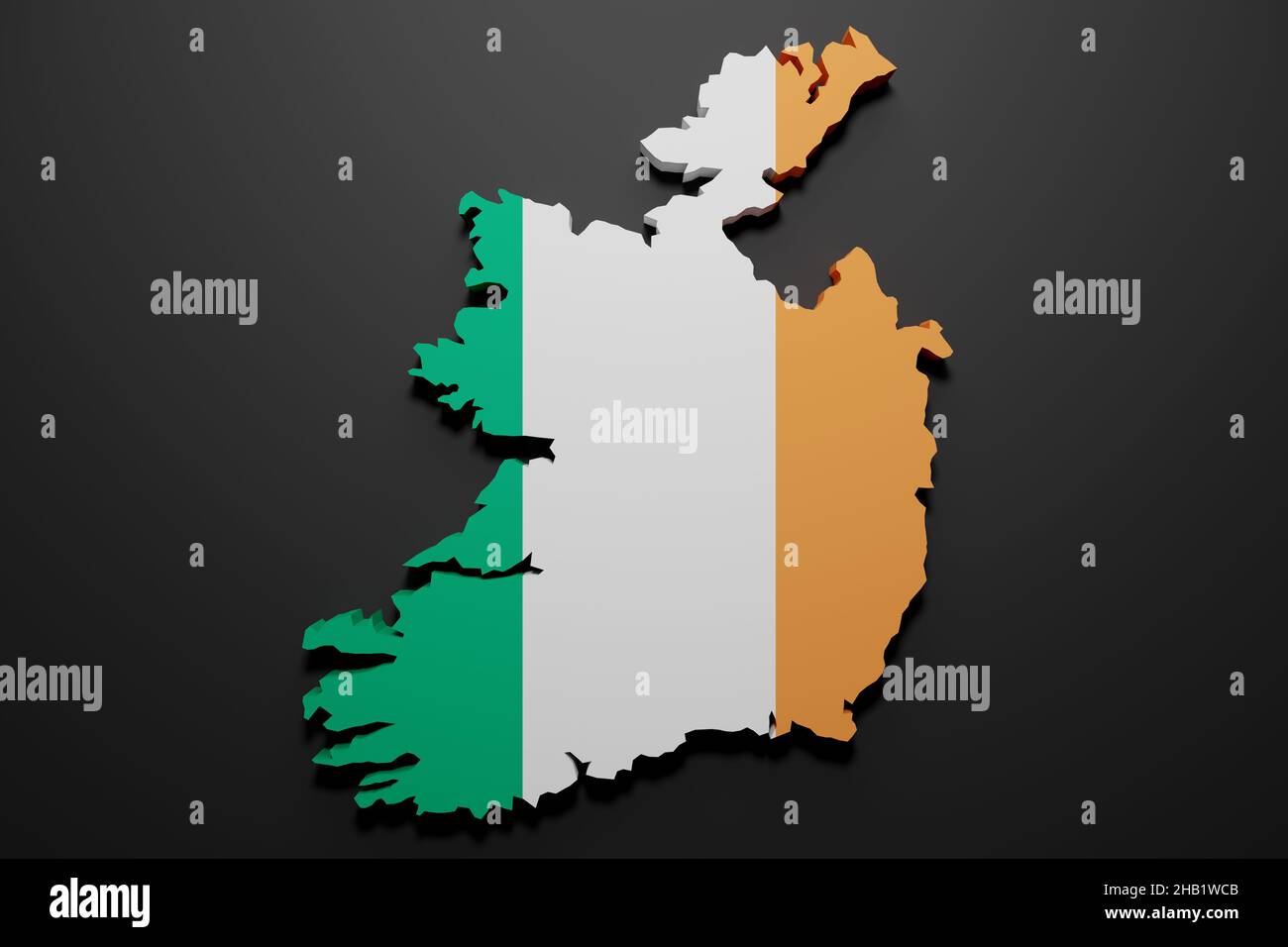 3d rendering of a Republic of Ireland map shape with flag. Black ...