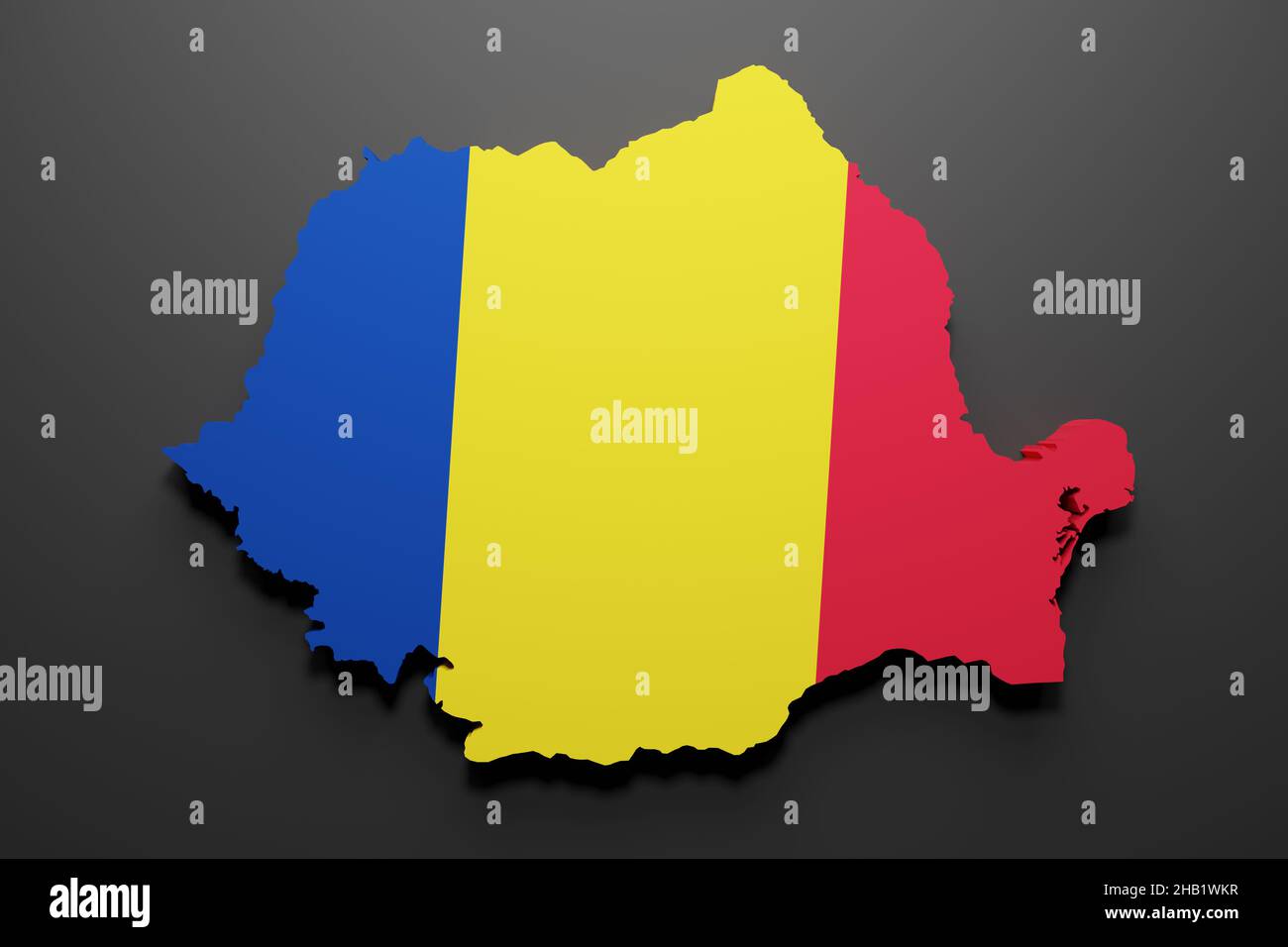 3d rendering of a Romania map shape with flag. Black background Stock ...
