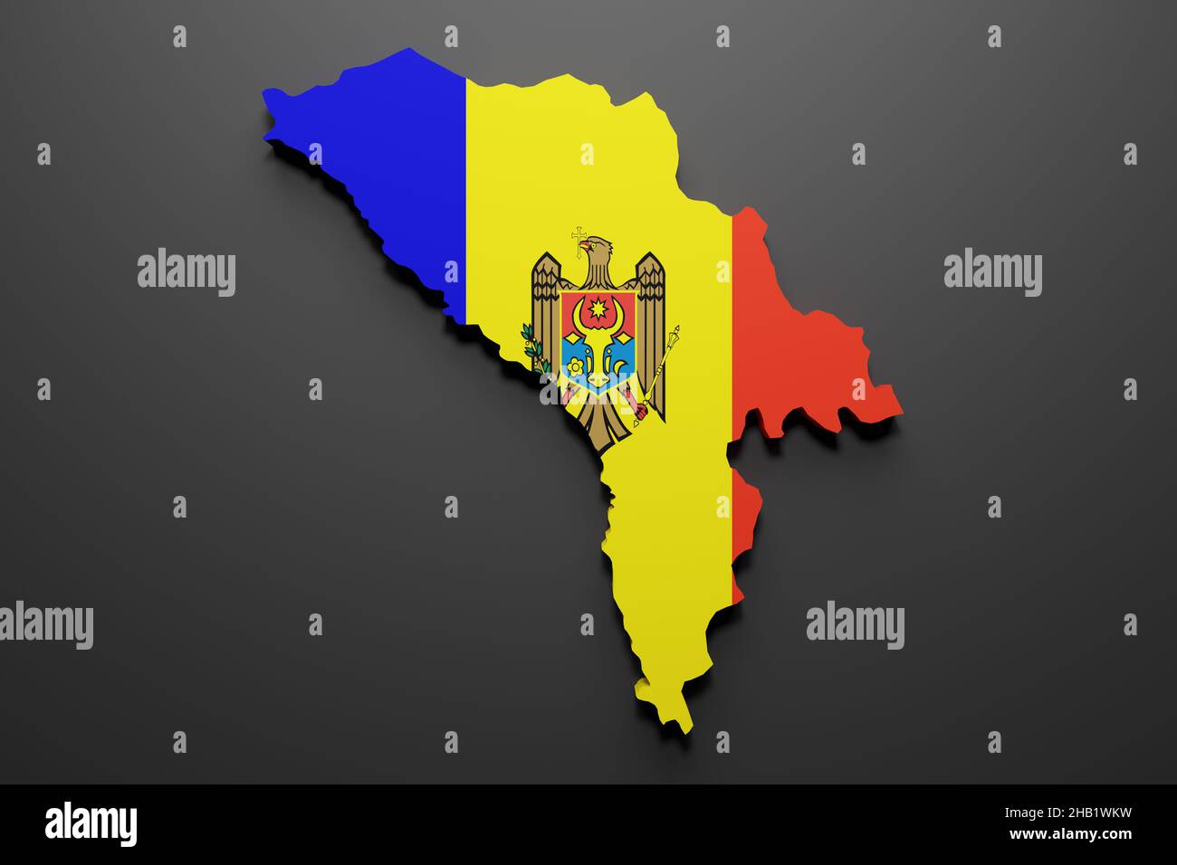 3d rendering of a Moldova map shape with flag. Black background Stock ...