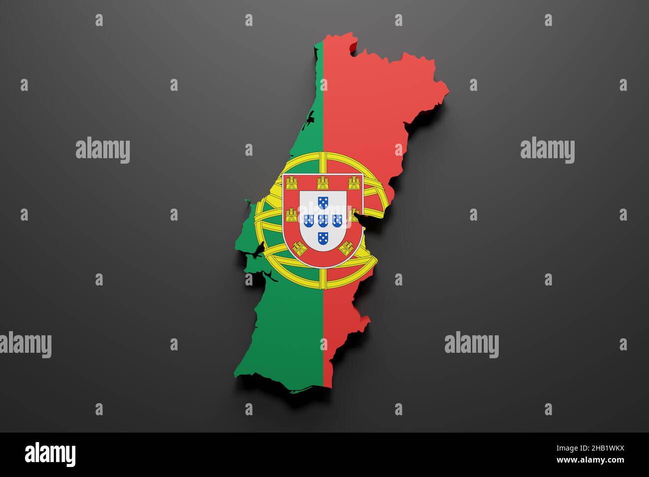 3d rendering of a Portugal map shape with flag. Black background Stock ...